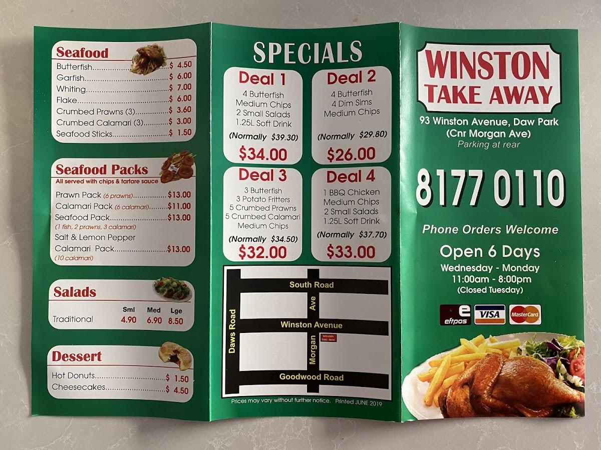 Menu at Winston Take-Away restaurant, Daw Park