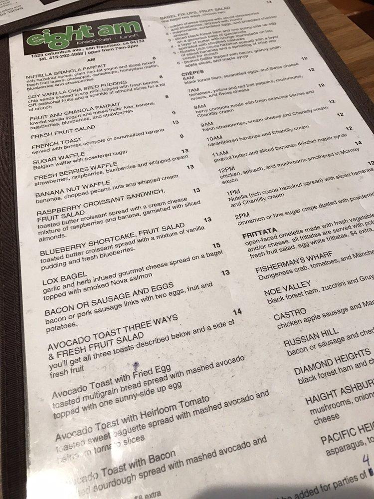 Menu at Eight AM Brunch restaurant, San Francisco