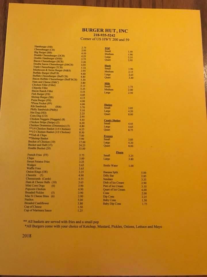 Menu at Burger Hut restaurant, Mahnomen