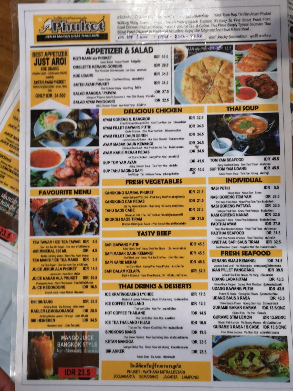 Menu at PHUKET Thai Food restaurant, Bandar Lampung
