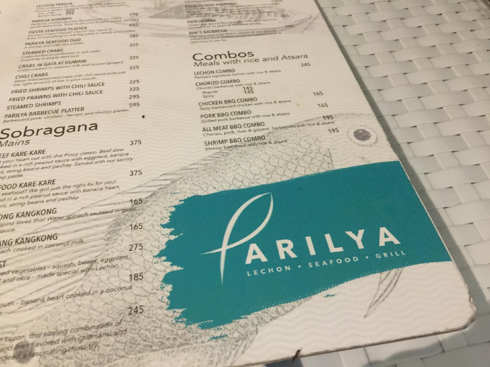 Menu at Parilya restaurant, Cebu City, City di Mare Visitor Center