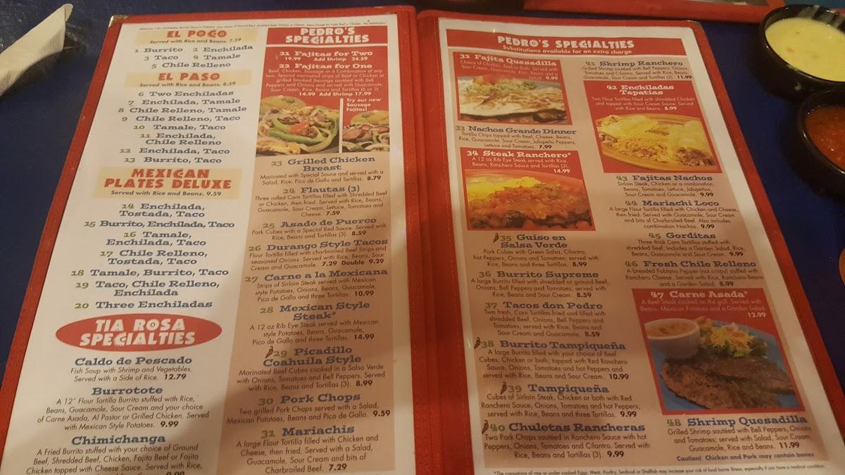 Menu at Pedro's Mexican Food restaurant, Clinton