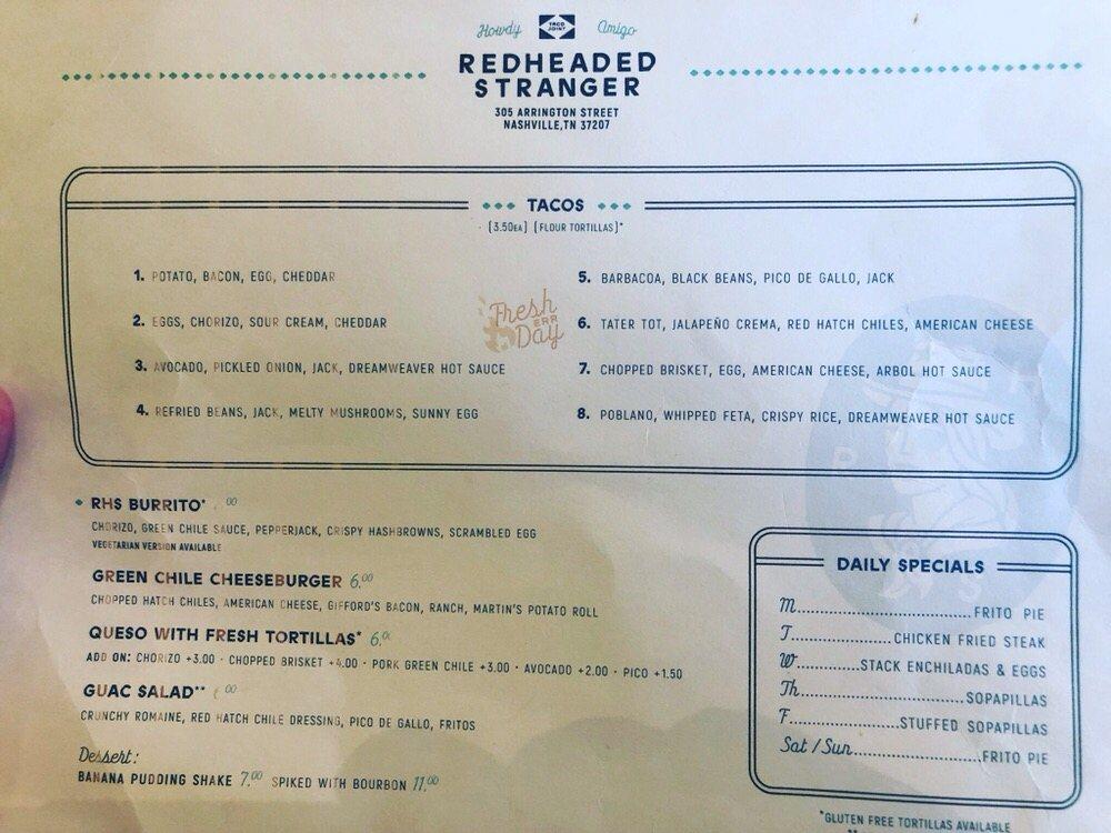 Menu at Redheaded Stranger restaurant, Nashville