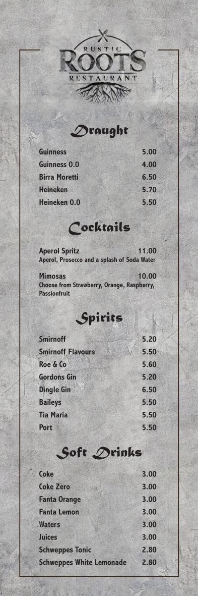 Menu at Rustic roots restaurant, Athlone