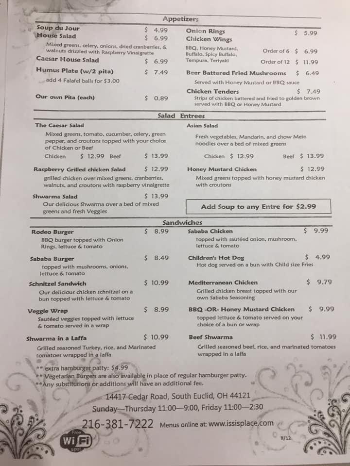 Menu at Sababa Cuisine restaurant, South Euclid