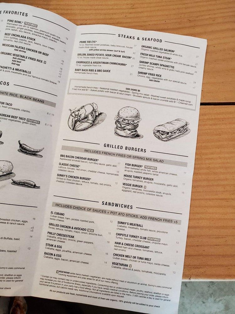Menu at Sunny's restaurant, Miami Beach, Collins Ave