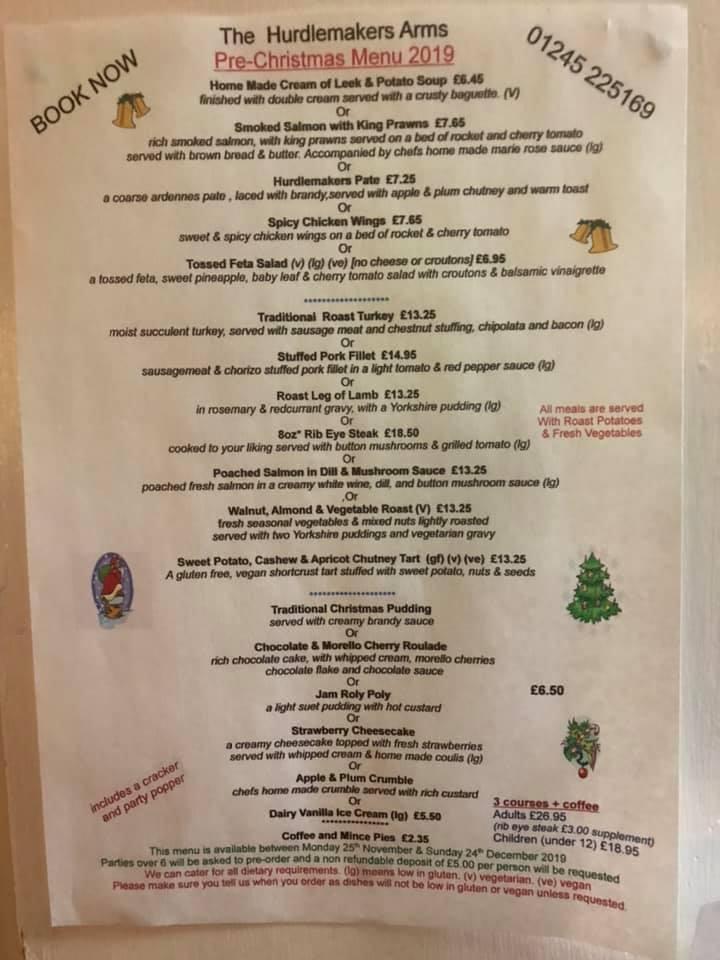 Menu at The Hurdlemakers Arms pub & bar, Woodham Mortimer, Post Office Rd
