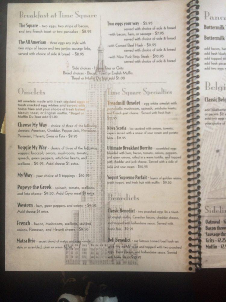 Menu at Time Square Diner restaurant, Melbourne