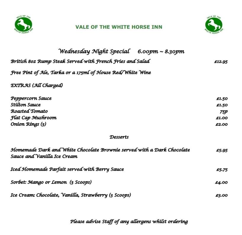Menu at Vale of the White Horse Inn pub & bar, Minety
