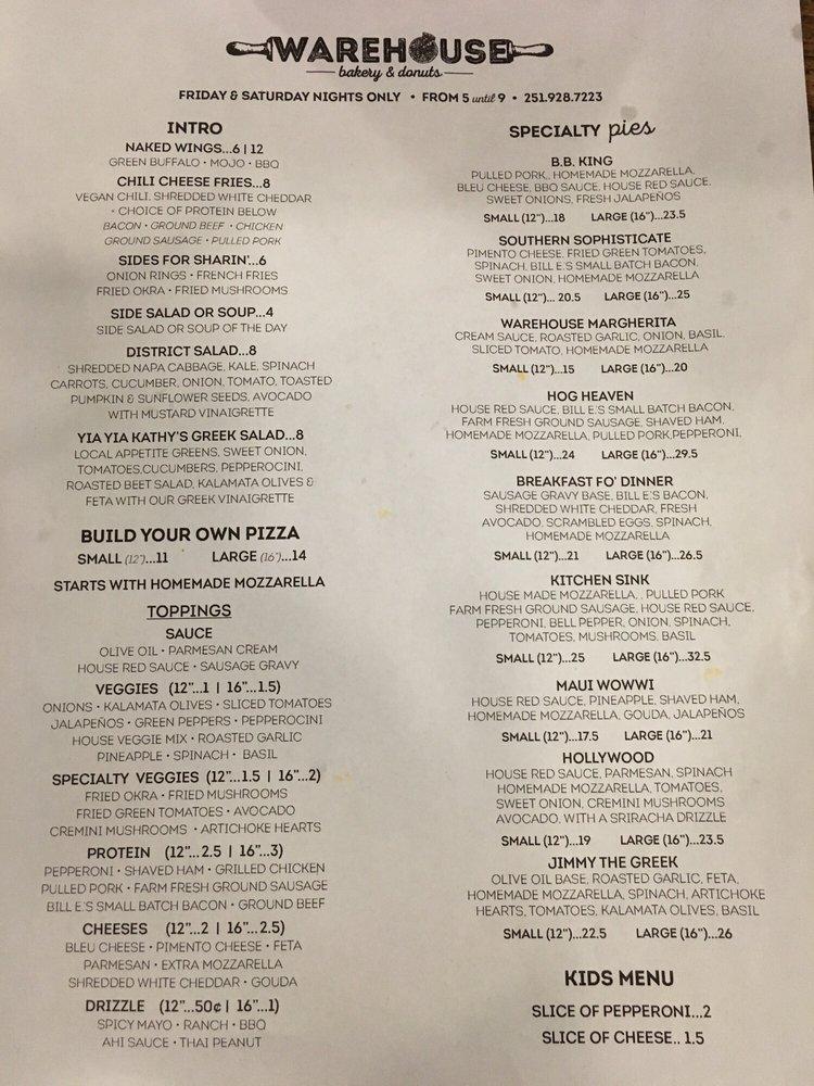 Menu at Warehouse Bakery & Donuts, Fairhope