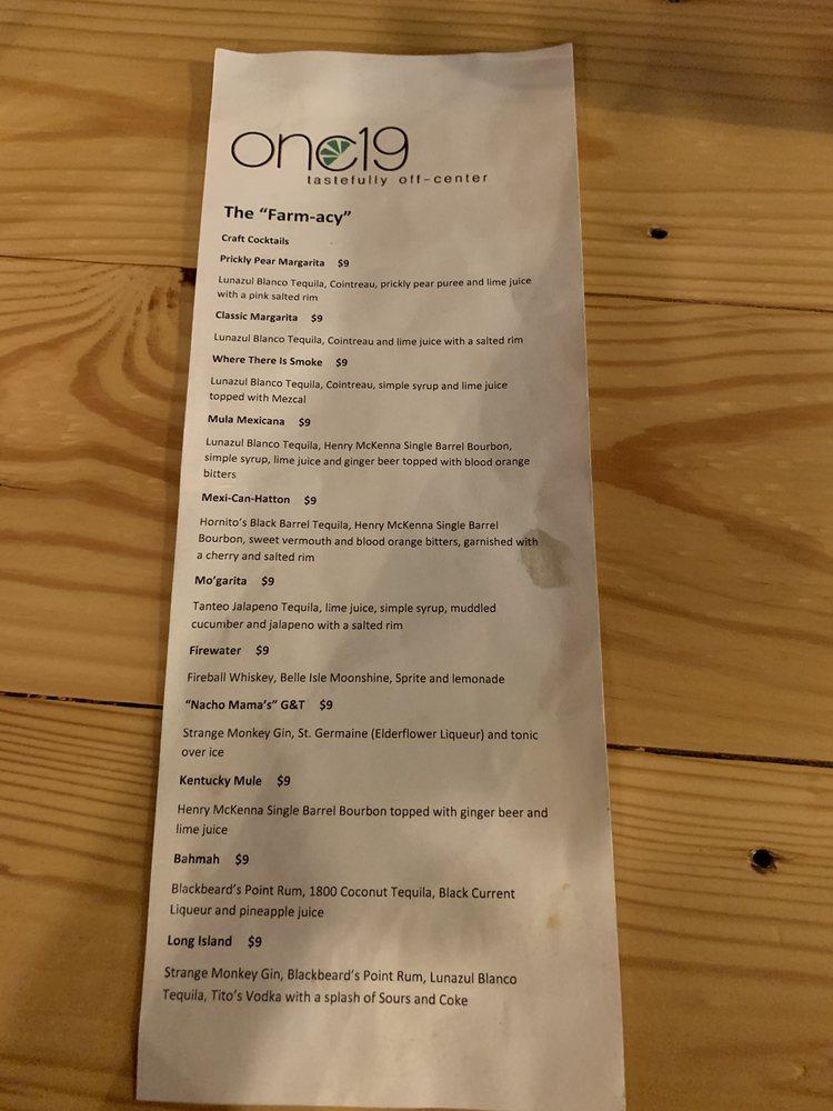 Menu at one19 - Tastefully Off-Center pub & bar, Farmville