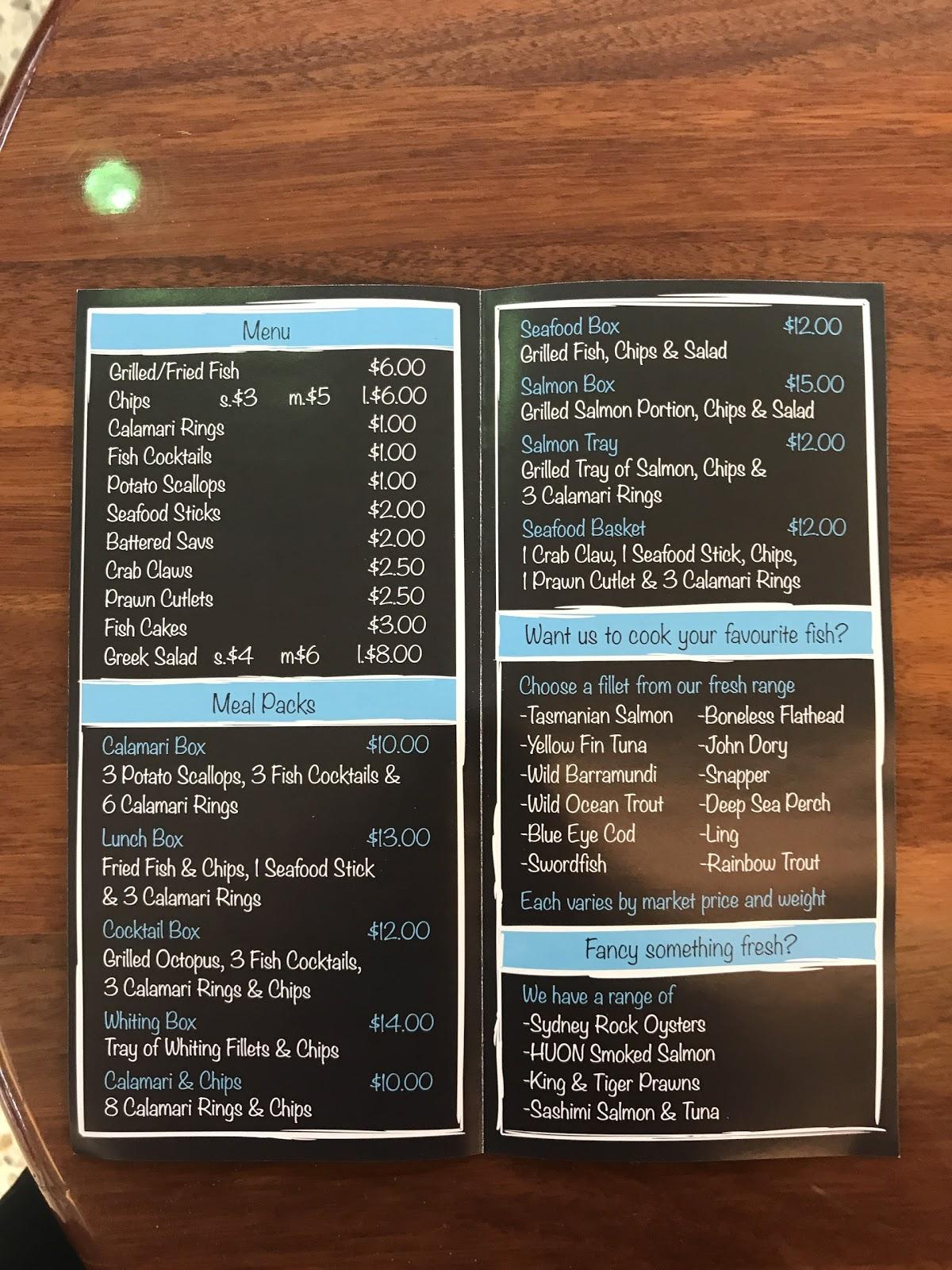 Menu at Eastpoint Fish Market, Edgecliff