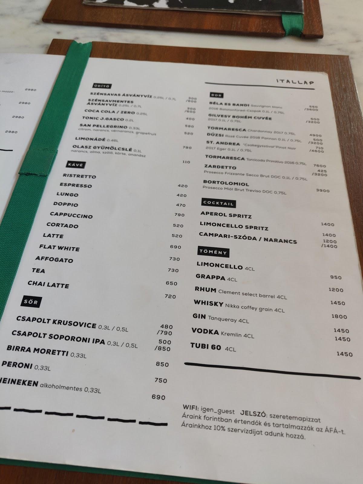 Menu at IGEN restaurant, Budapest, Margit körút 60