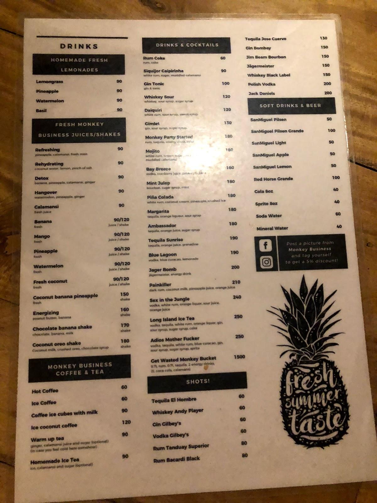 Menu at Monkey Business restaurant, San Juan