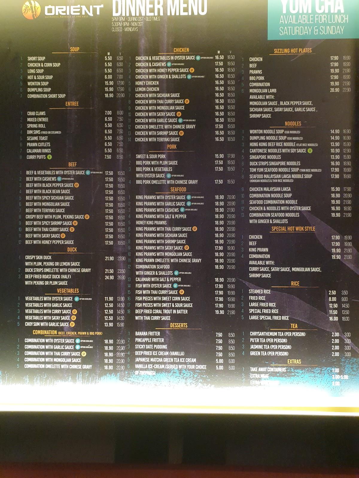 Menu at Orient restaurant, Tweed Heads, 2-30 Wharf St