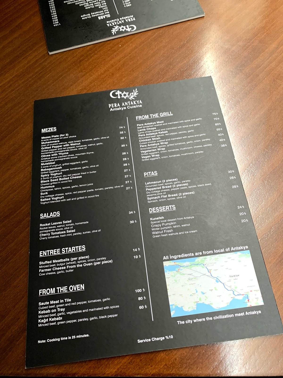 Menu at Pera Antakya, Istanbul