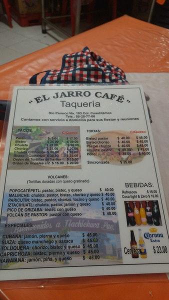 Menu at TAQUERIA EL JARRO CAFE, Mexico City