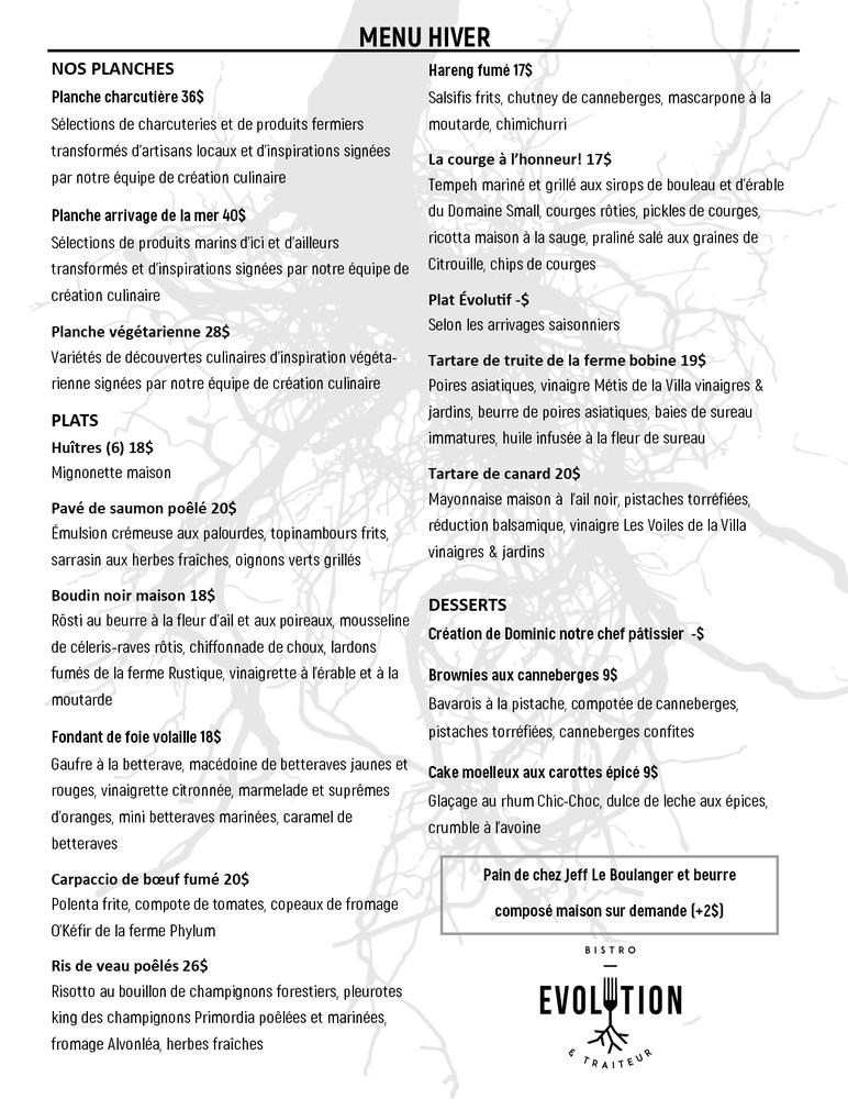 Menu au Bistro Evolution restaurant, Levis