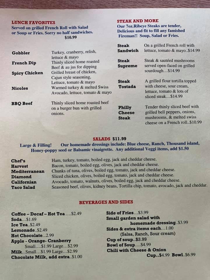 Menu at Firehouse Café restaurant, Diamond Springs