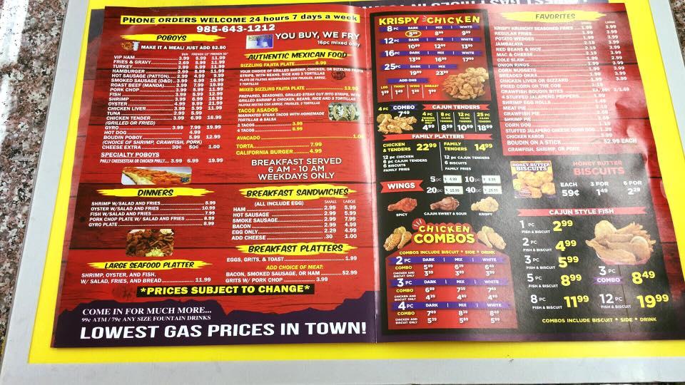 Menu at Moody's Time Saver restaurant, Slidell
