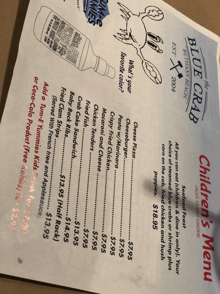 Menu at The Blue Crab restaurant, Bethany Beach