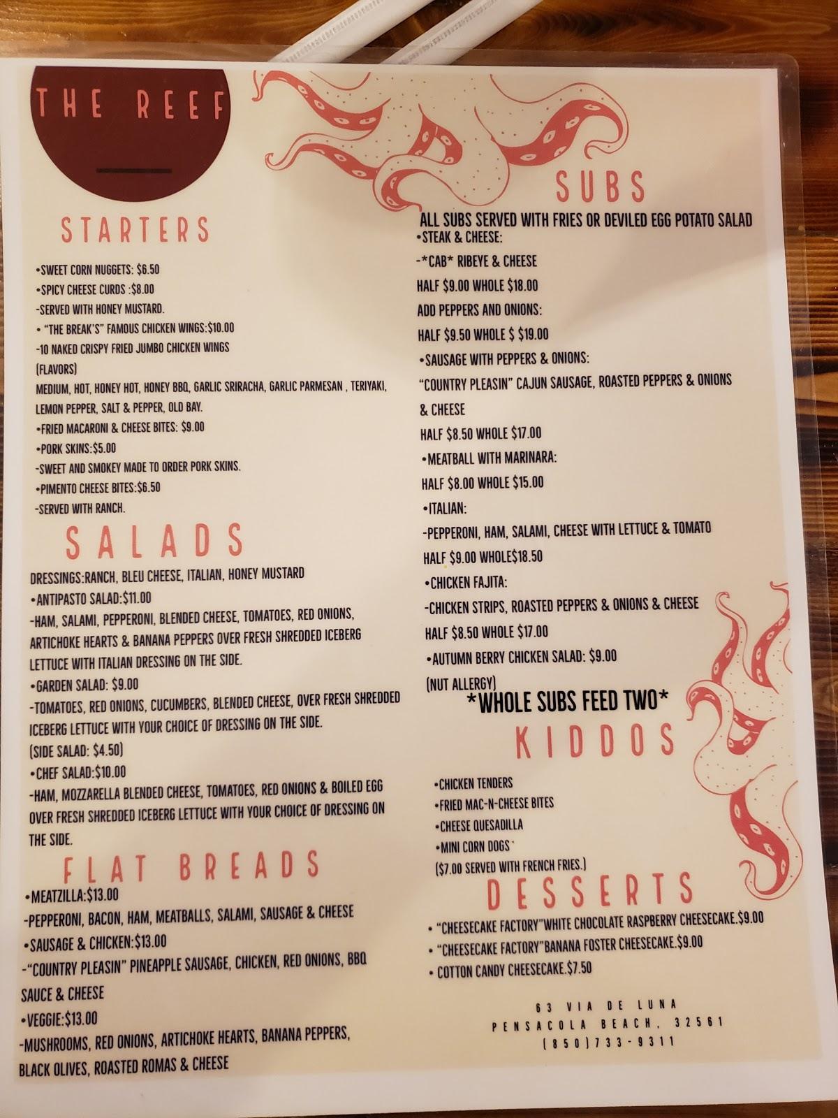 Menu at The Reef pizzeria, Pensacola Beach
