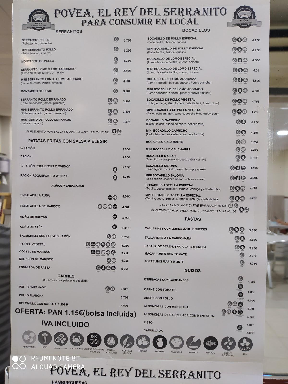 Carta de Restaurante Povea El rey del Serranito, Sevilla