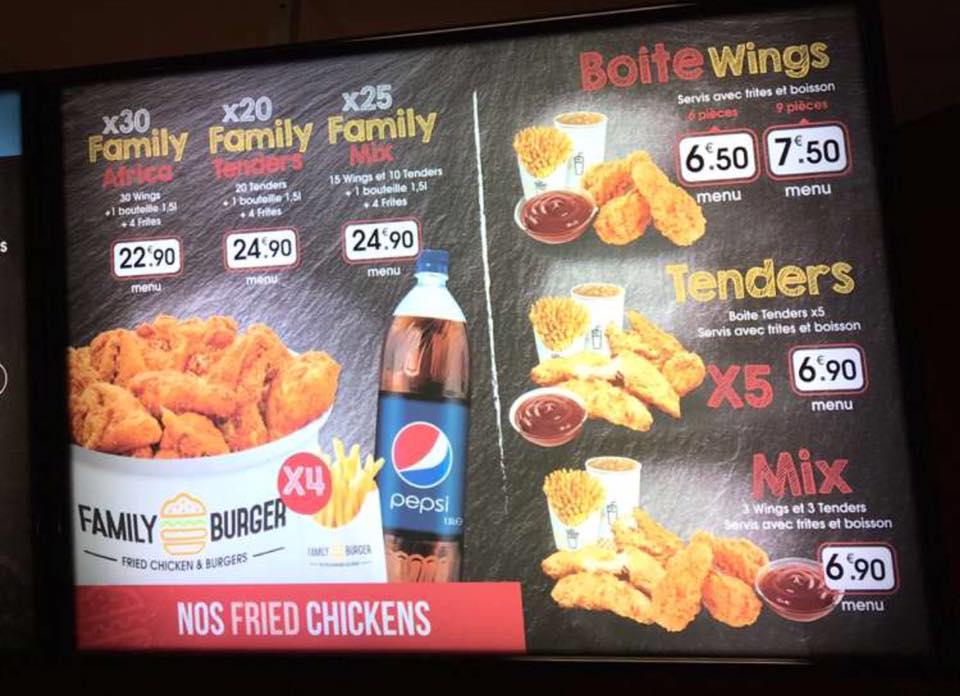 Menu at Family Burger fast food, Strasbourg, 282 avenue de Colmar