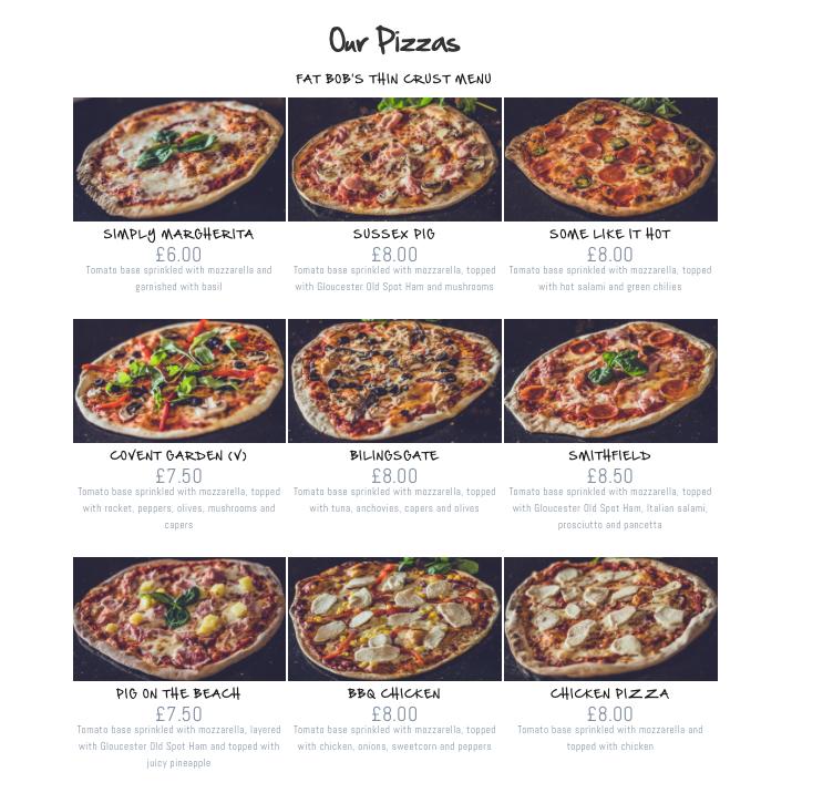 Carta de pizzería Fat Bobs Thin Crust, Ashtead