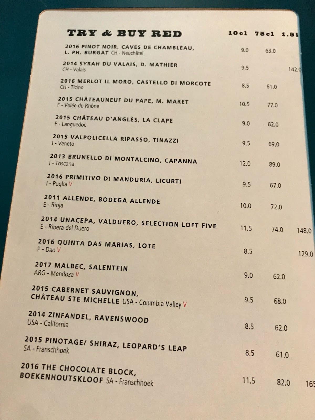 Menu at Loft Five, Zürich, Europaallee 15