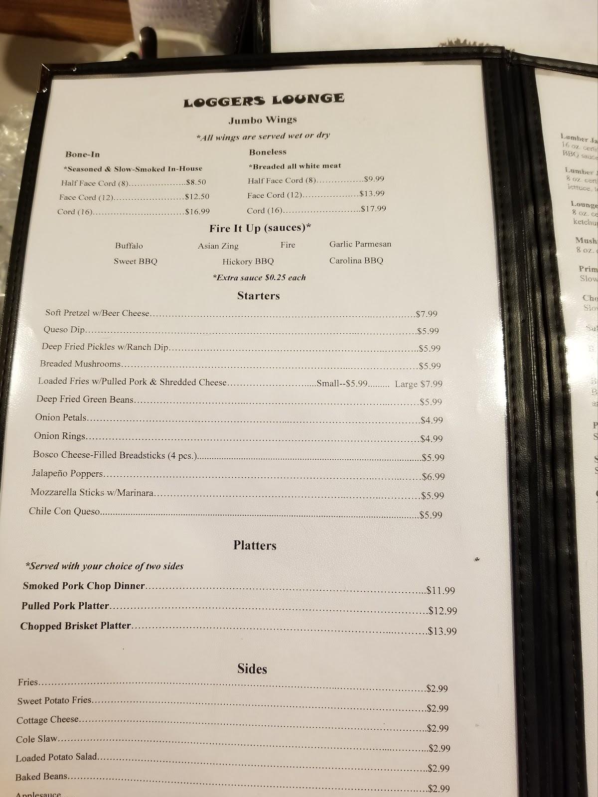 Menu at Logger's Lounge pub & bar, Pioneer