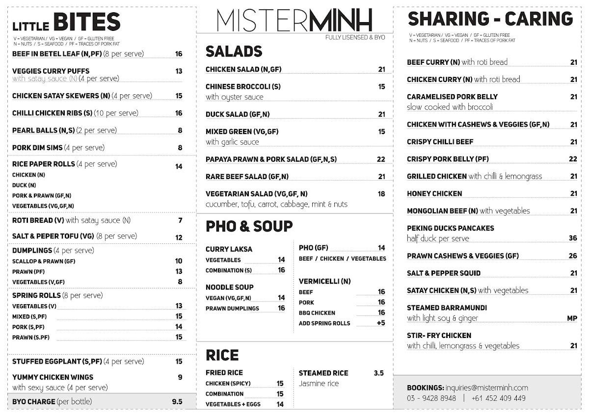 Menu at Mister Minh restaurant, Richmond, 350 Bridge Rd