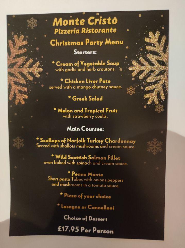 Menu at Monte Cristo restaurant, Accrington