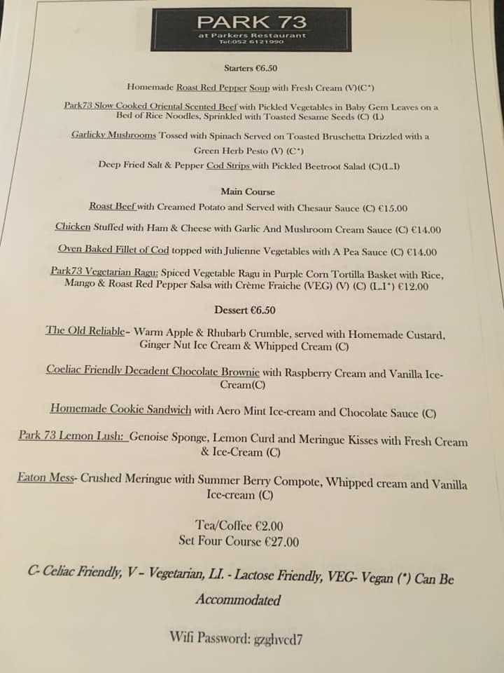 Menu at Park73 at Parkers Of Clonmel restaurant, Clonmel, Thomas St