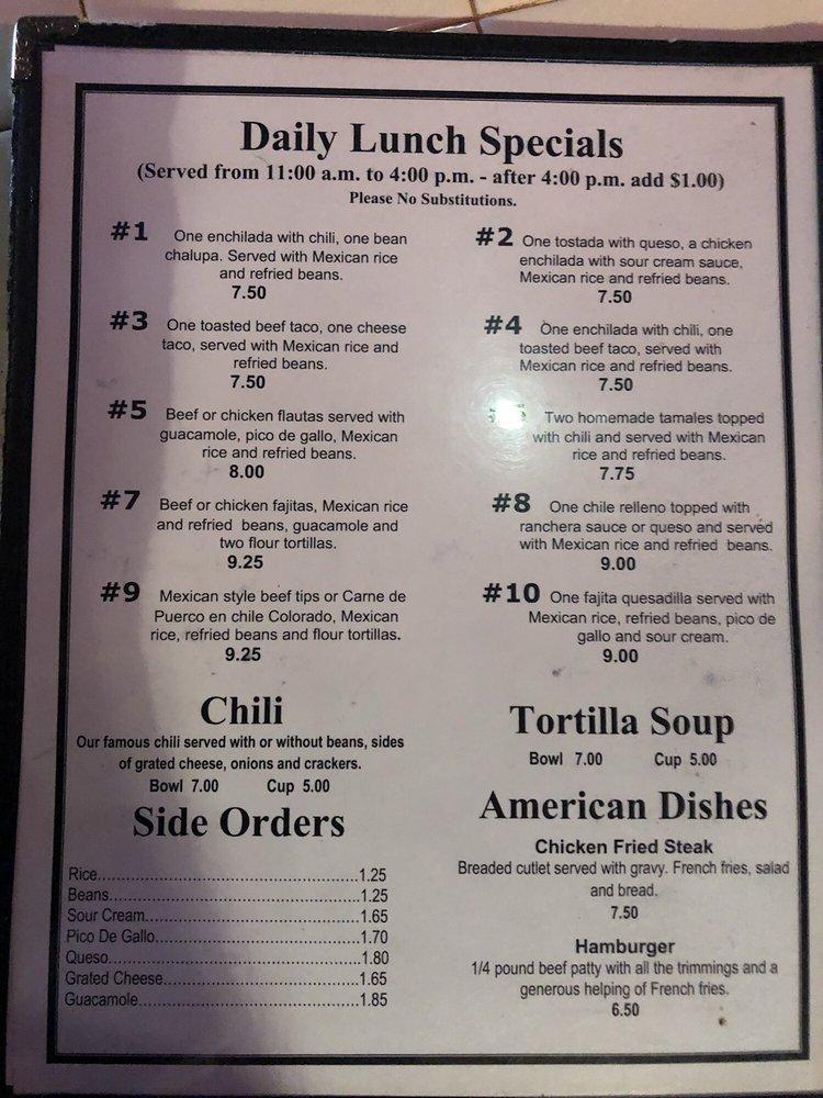 Menu at Pulido's restaurant, Benbrook, US-377