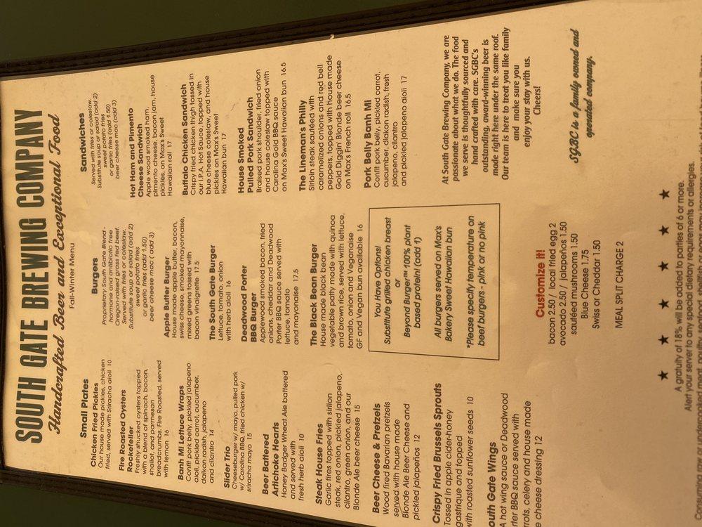 Menu at South Gate Brewing Company pub & bar, Oakhurst