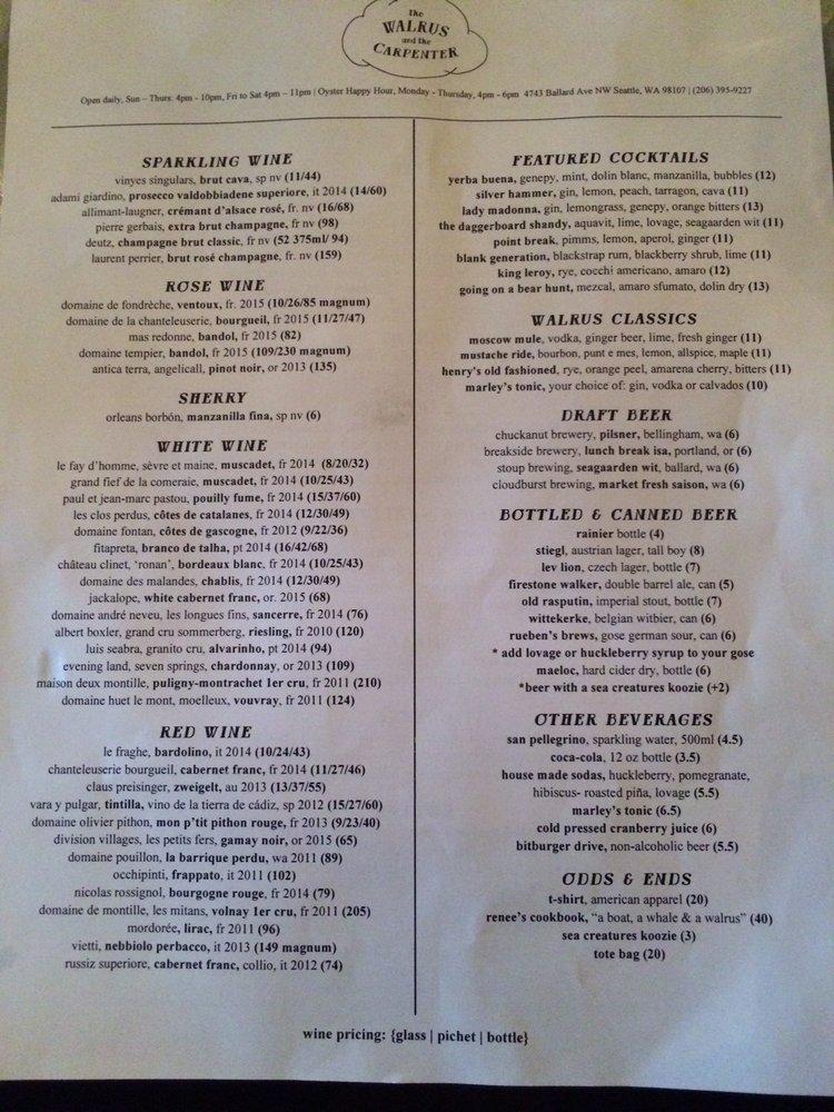 Menu at The Walrus and the Carpenter restaurant, Seattle