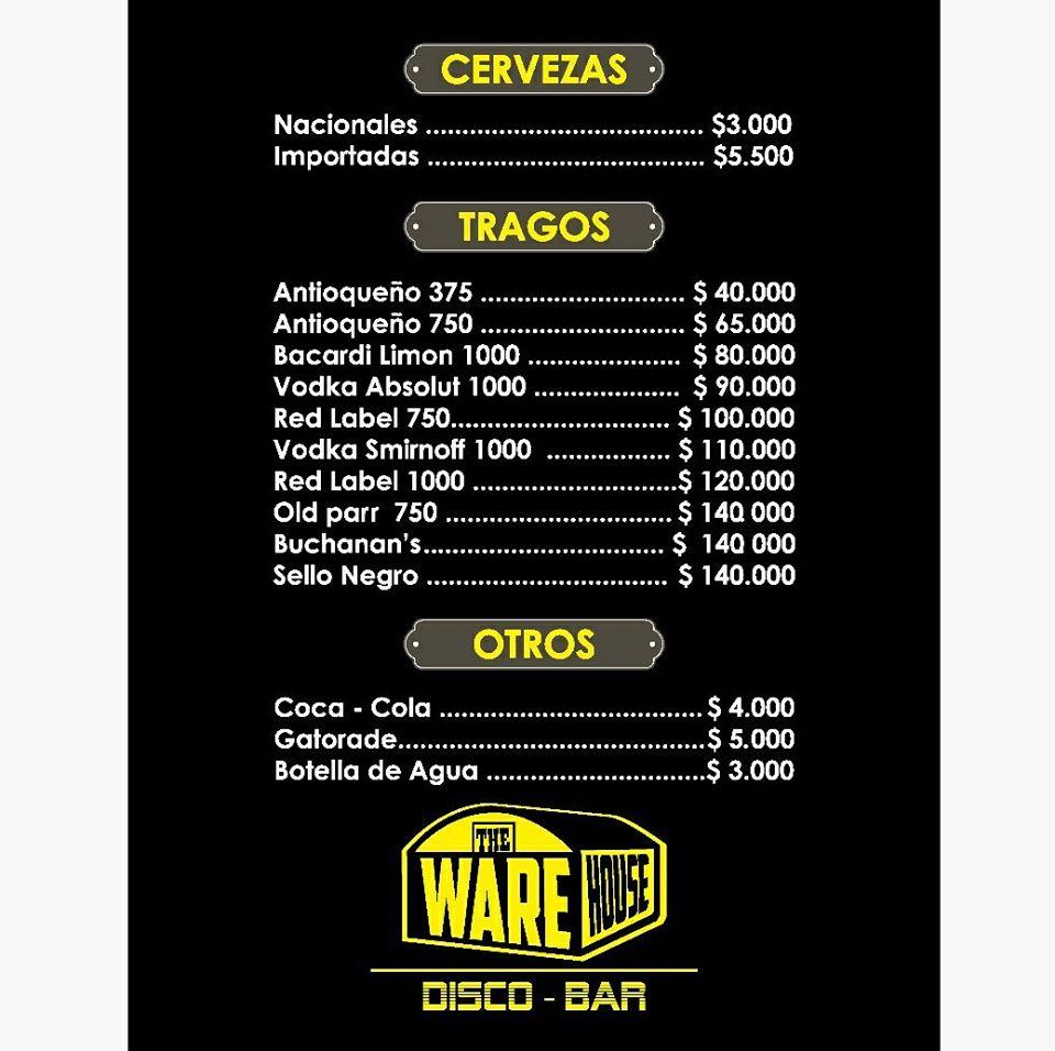 Menu at The Warehouse Disco-bar, Santa Marta