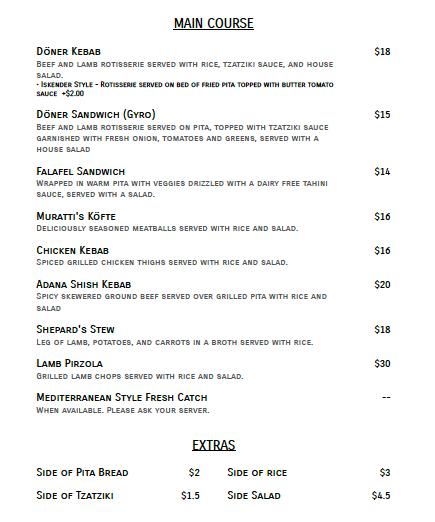 Menu at Turkish Delight restaurant, Anchorage