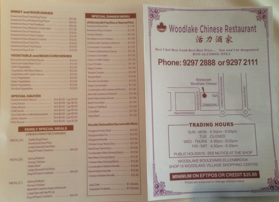 Menu at Woodlake Chinese Restaurant, Ellenbrook, Woodlake Blvd