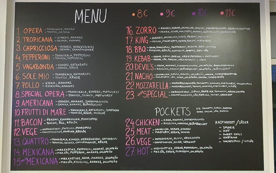 Menu at Zorro Pizza restaurant, Finland
