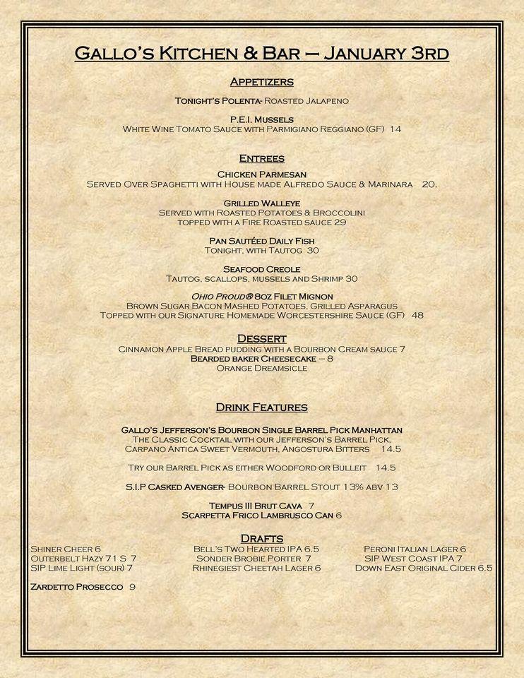 Menu at Gallo's Kitchen & Bar, Upper Arlington