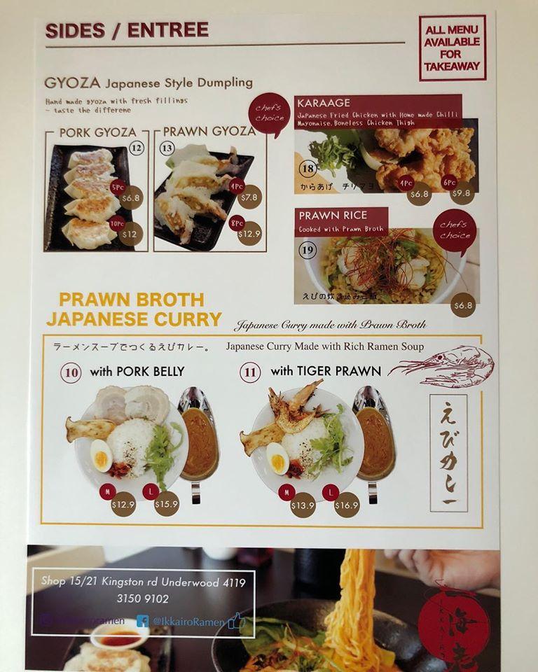 Menu at Ikkairo Ramen restaurant, Underwood