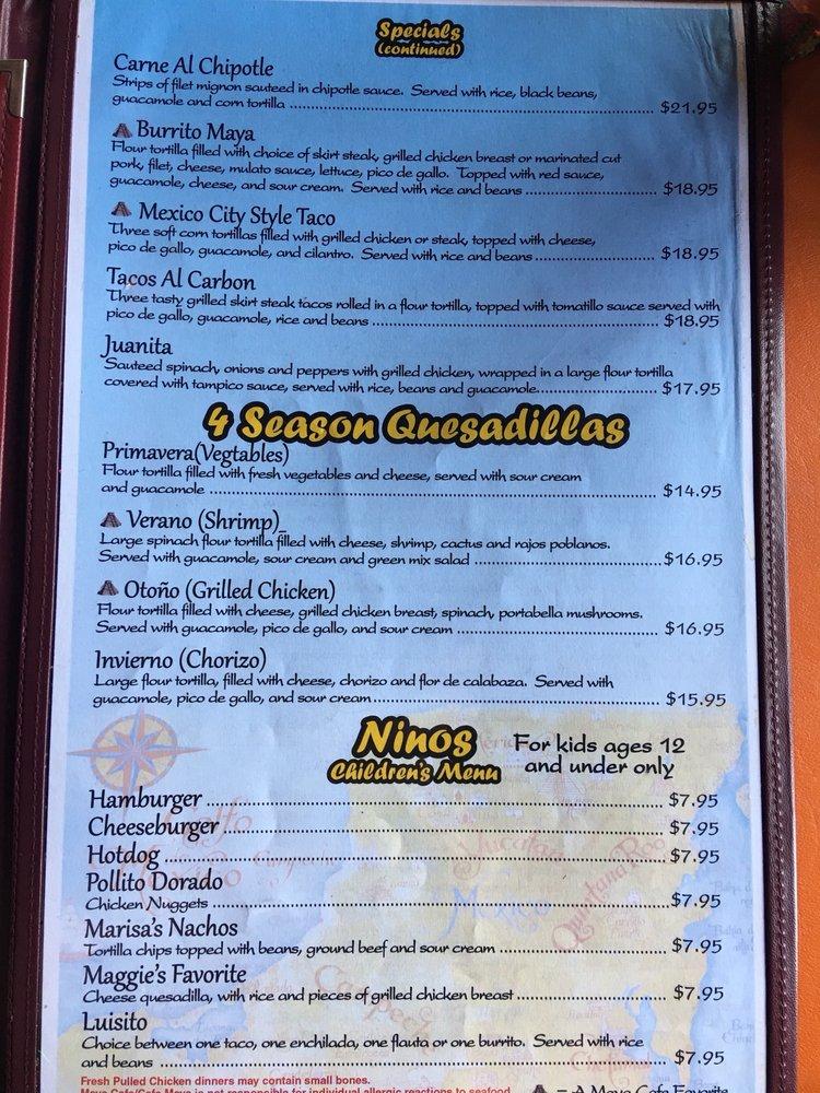 Menu at Maya Cafe, Fishkill