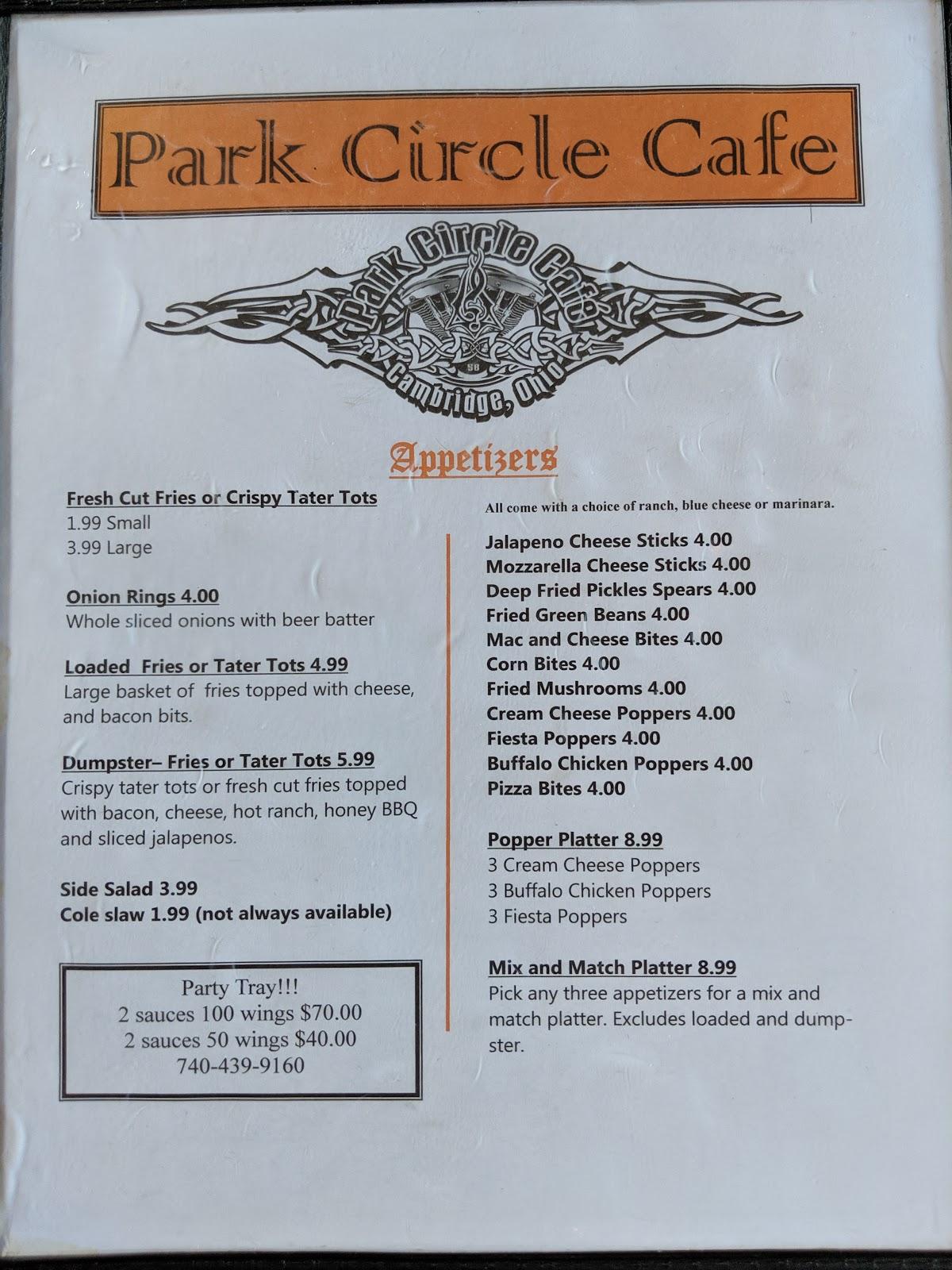 Menu at Park Circle Cafe, Cambridge