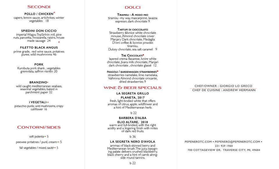 Menu at PepeNero restaurant, Traverse City