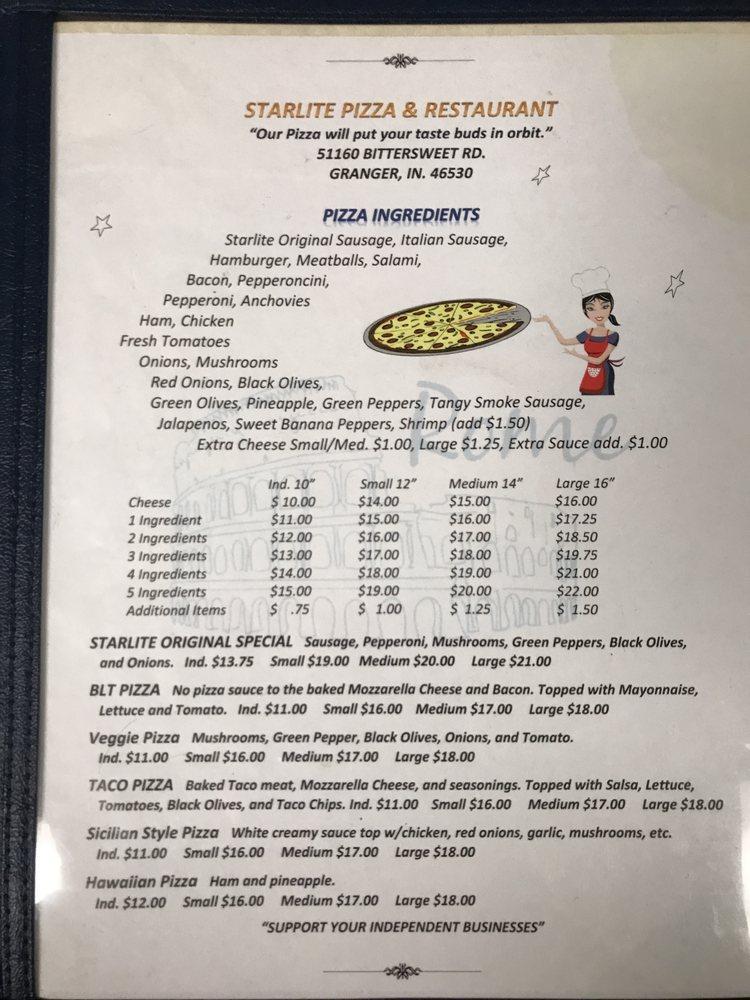 Menu at Starlite Pizza pizzeria, Granger