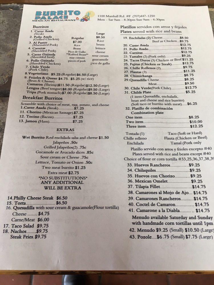 Menu at Burrito Palace fast food, Vacaville