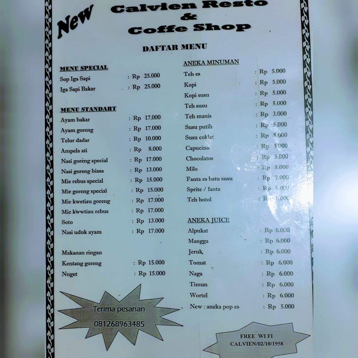 Menu at Calvien resto cofee shop restaurant, Indonesia
