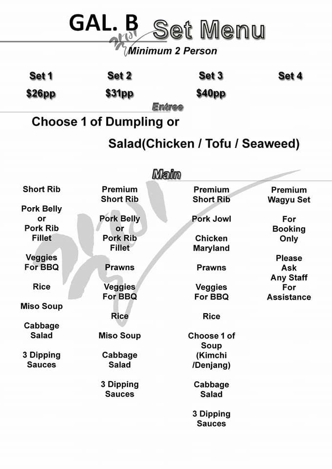 Menu at GAL.B Korean BBQ Restaurant, Southport